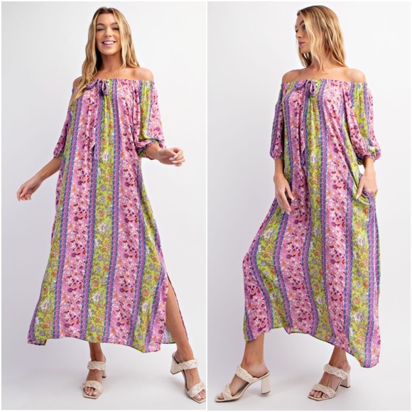 easel | Dresses | Easel Floral Print Off Shoulder Puff 2 Sleeve Midi ...